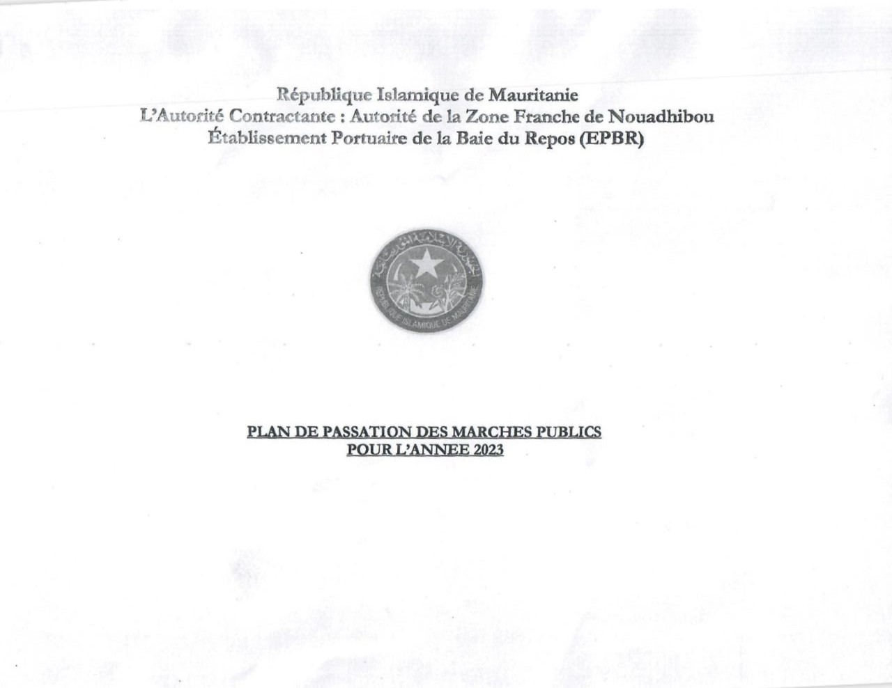 Plan prévisionnel de L'EPBR 2023 - Zone Franche de Nouadhibou